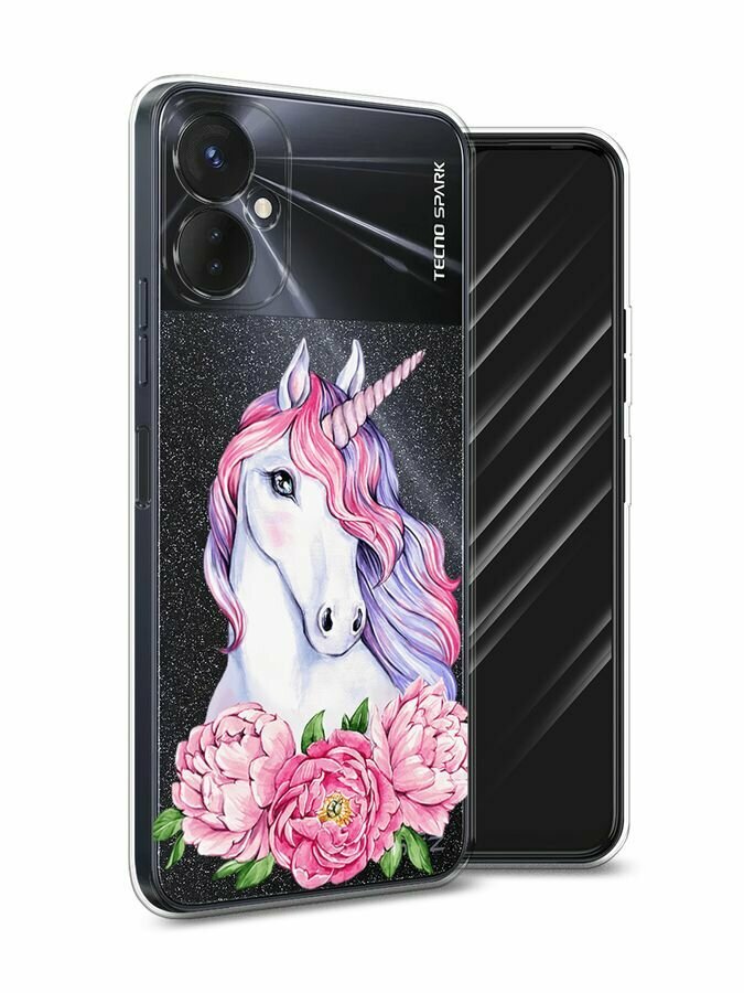 Чехол на Tecno Spark 9 Pro / Техно Спарк 9 Про с принтом "Единорог с пионами", прозрачный