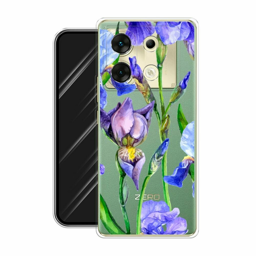 Чехол на Infinix Zero 30 5G / Инфиникс Зеро 30 5G с принтом "Синие ирисы", прозрачный — фото 1