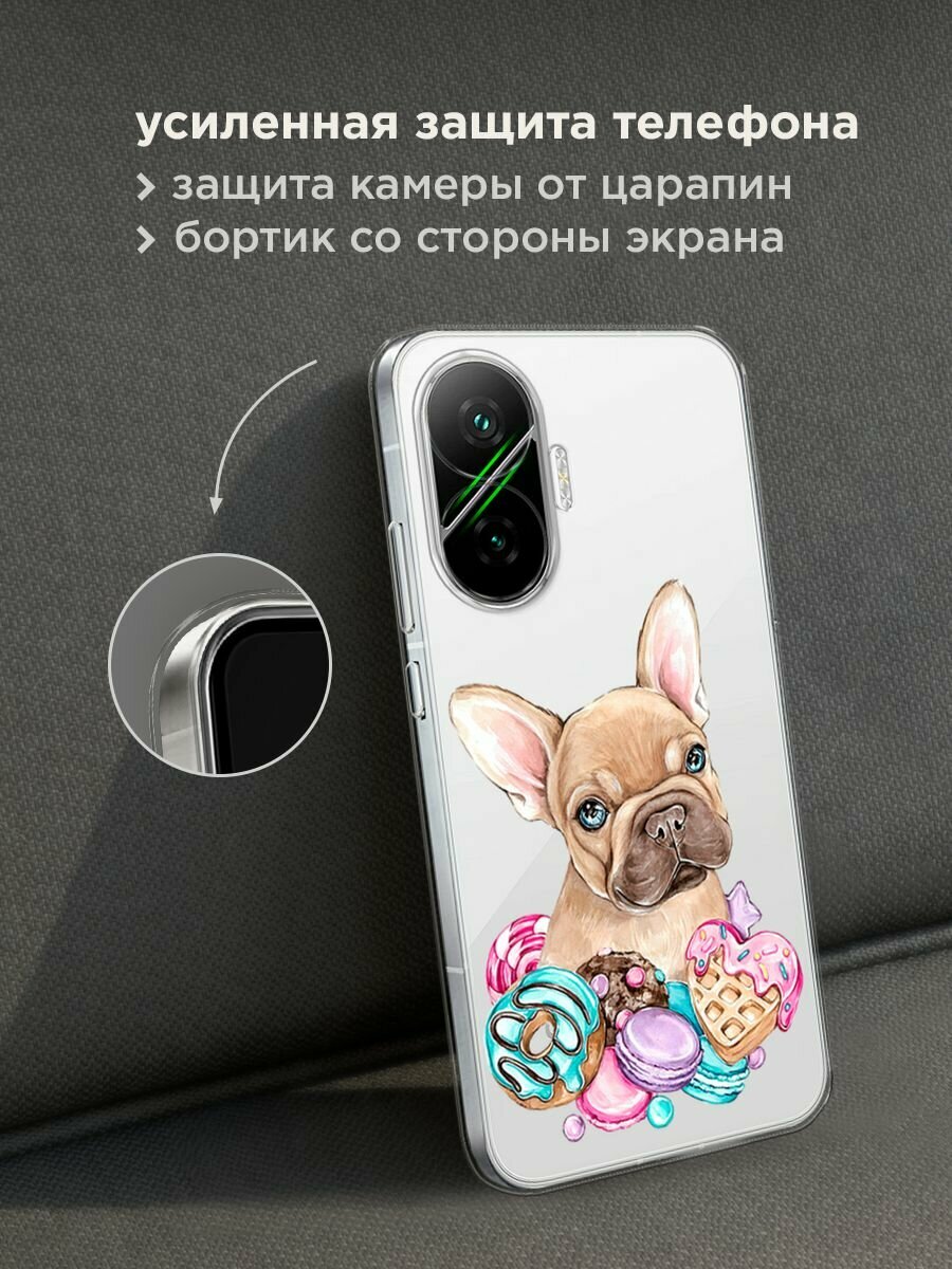 Чехол на Poco F7 / Поко F7 с принтом "Бульдог и сладости", прозрачный — фото 1