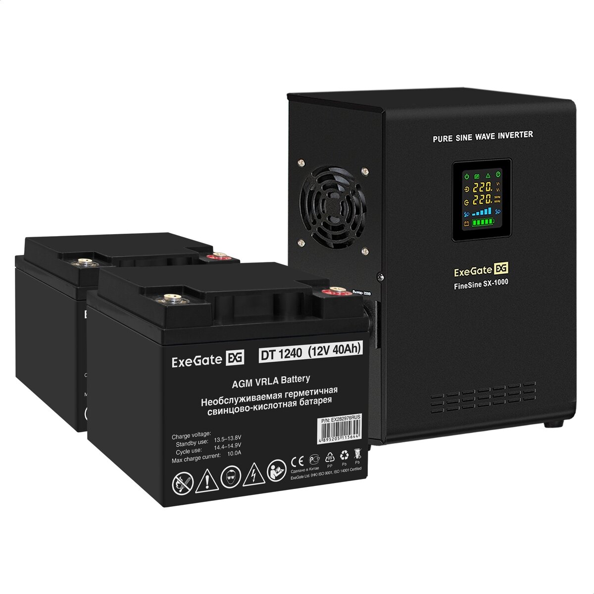Комплект ИБП ExeGate FineSine SX-1000. LCD. AVR.2SH (EX296543RUS) EX295997RUS + батарея 40Aч EX282976RUS