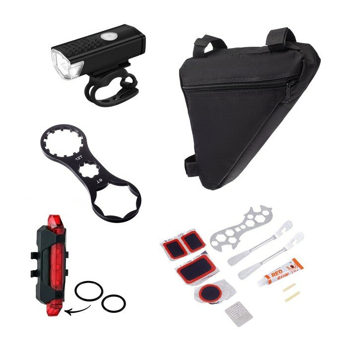 Набор для велосипеда 4 в 1: фонарь аккумуляторный, ремонтный набор, велосипедный ключ, сумка 9867412