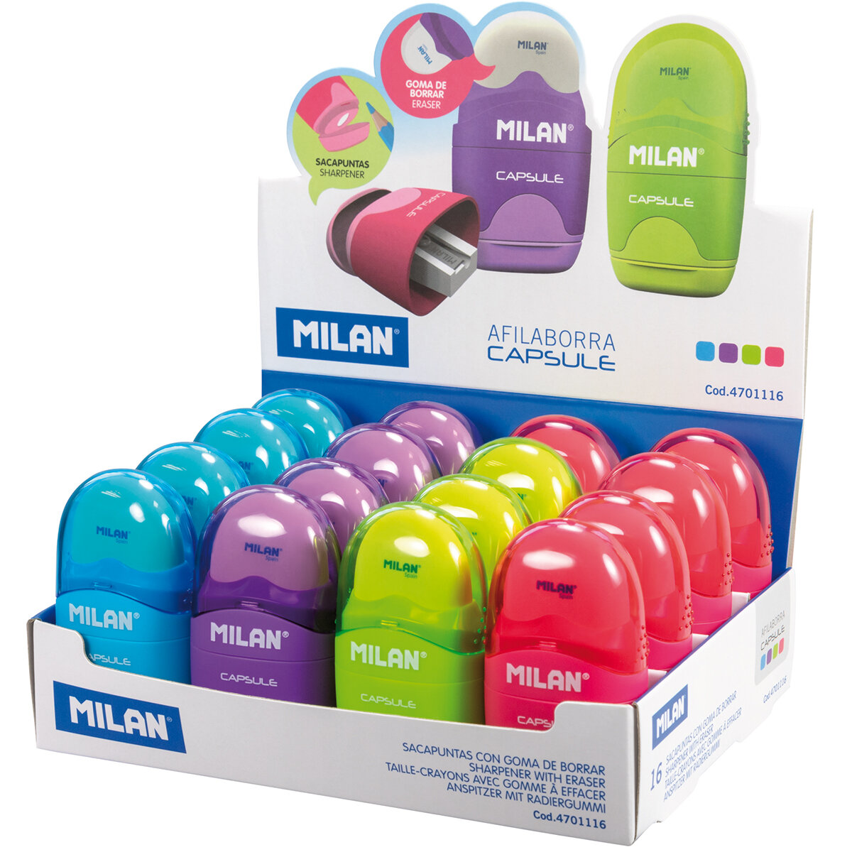 Точилка с ластиком 16 шт. "Milan" Capsule 1 отверстие ассорти 4701116