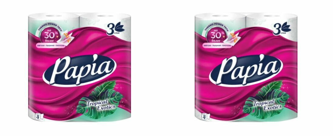 Papia Туалетная бумага белая, с ароматом Тропическая экзотика и рисунком, трёхслойная, 4 шт, 2 уп