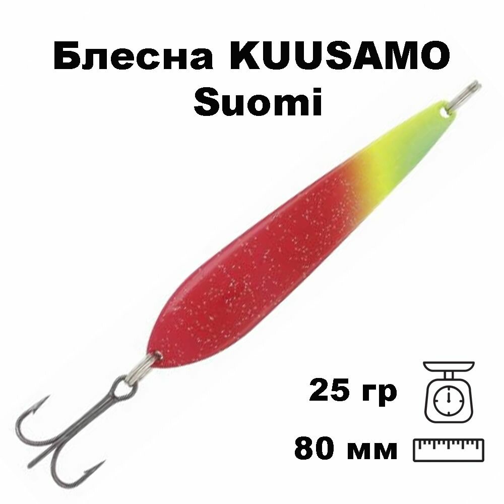 Блесна колеблющаяся (колебалка) Kuusamo Suomi 80мм, 25гр. GL/GR/FYe/R-C, UV