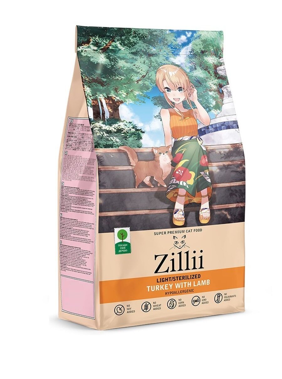 Zillii Light and Sterilized Cat для взрослых стрерилизованных и склонных к полноте кошек Индейка с Уткой 400г