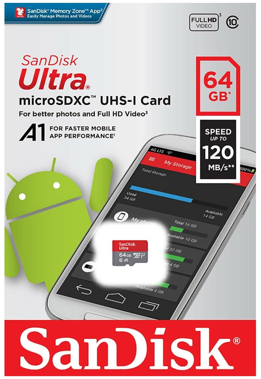 Карта памяти MicroSD SanDisk Ultra 64GB UHS-I (SDSQUA4-064G-GN6MN)