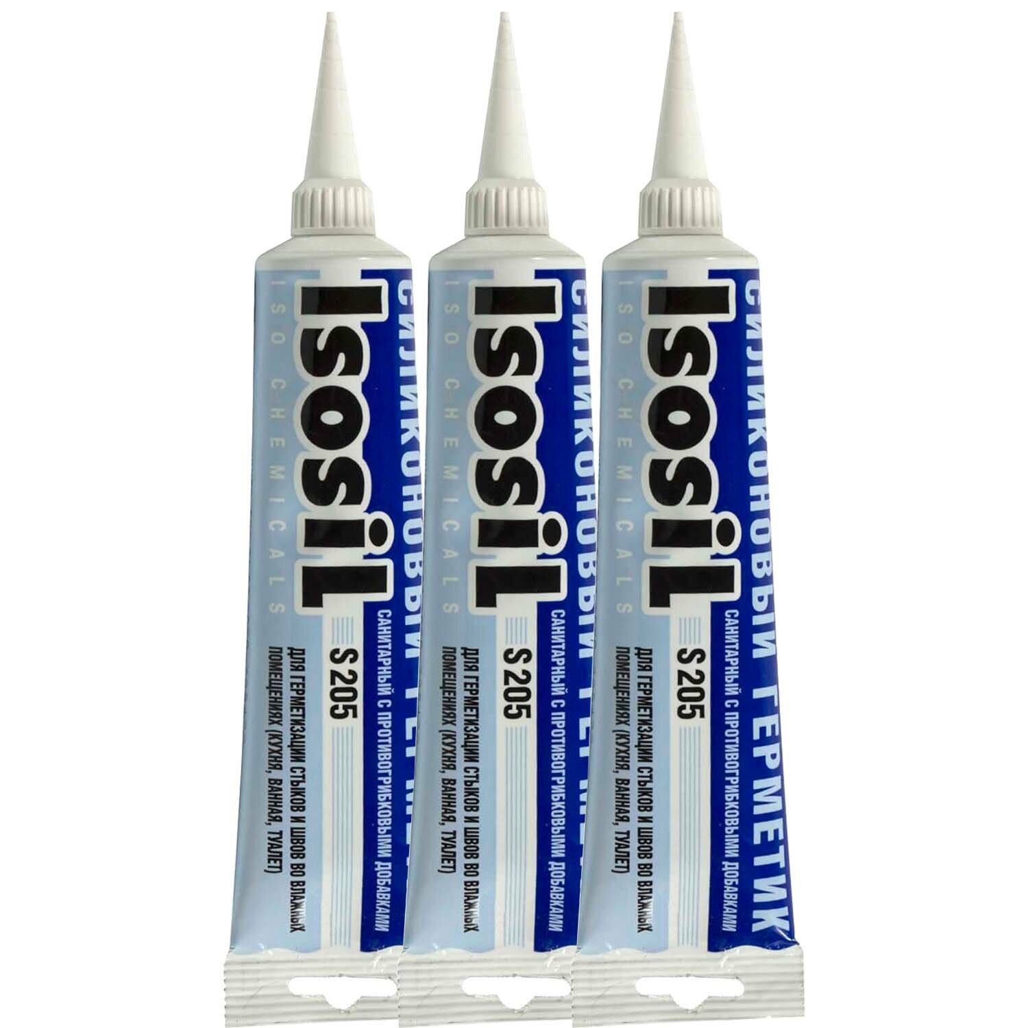 Герметик силиконовый санитарный для ванной и кухни ISOSIL S205, прозрачный, 115 мл (комплект 3 шт.)