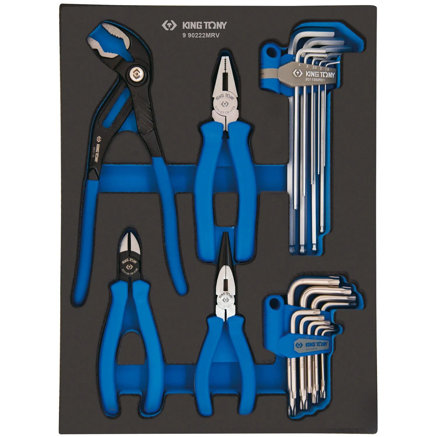 9-90222MRV Набор пассатижей, шестигранников и Torx Г-образных, ложемент, 22 предмета KING TONY 9-90222MRV