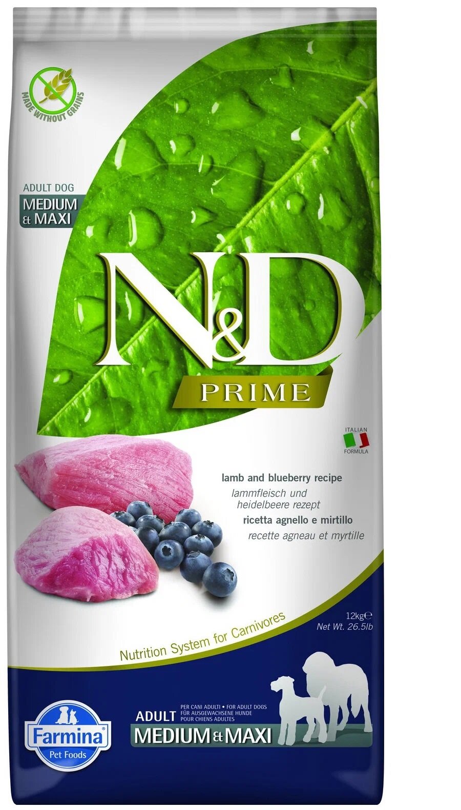 Farmina Корм сухой N&D Prime Dog Lamb & Blueberry Adult MEDIUM & MAXI ягненок с черникой для взрослых собак средних и крупных пород 12 кг
