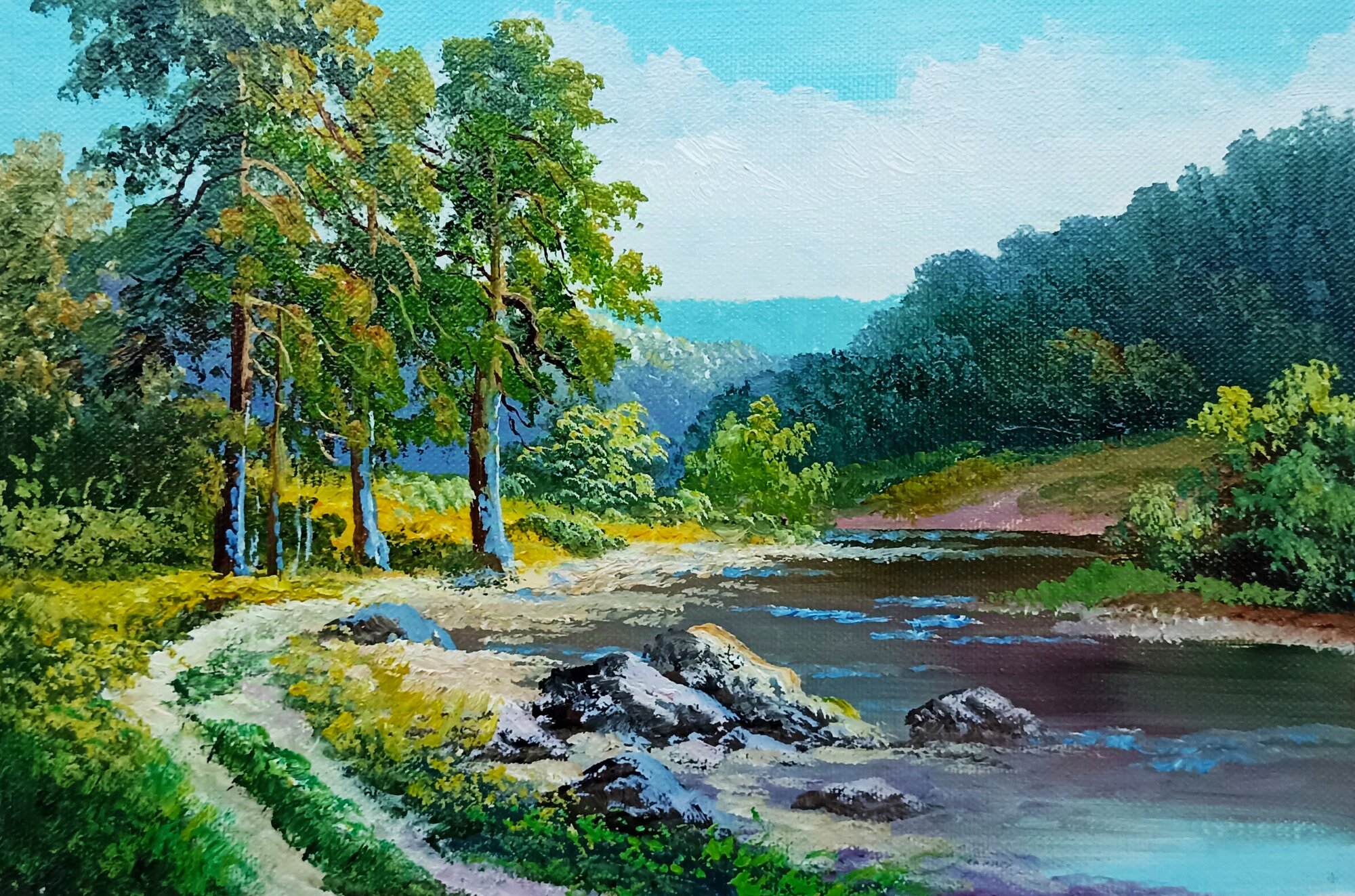 Масло/холст. 100% ручная работа, 100% живопись от Художественной мастерской Грëзы. Картина из серии "Импрессионизм". Летний пейзаж. Река. Сосны. Размер картины 20х30 см