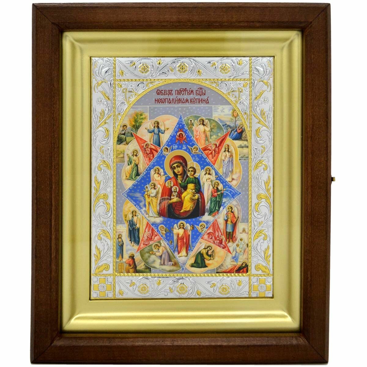 Икона "Неопалимая купина" писанная в монастыре. (14 х 18 см / 21 х 25 х 6 см / В серебряном окладе с позолотой в деревянном киоте)