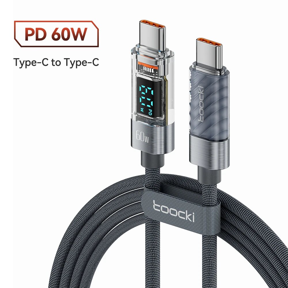 Кабель Toocki Type-C на Type-C 2м, 60W Gray, с дисплеем