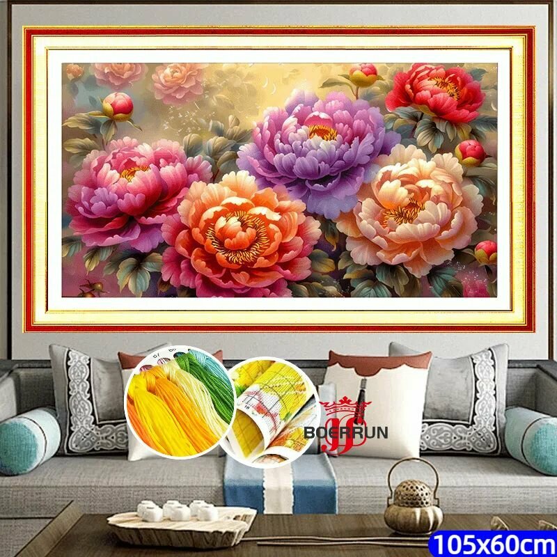 Вышивка крестом, наборы для вышивания крестиком, Цветок пиона, канва 11CT 105x60 см, полная зашивка (без подрамника, без рамки)