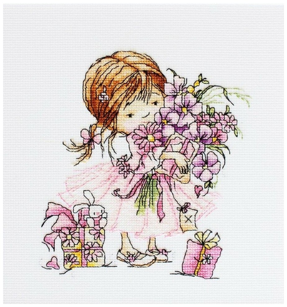 Набор для вышивания Luca-S #B1055 Девочка с букетом, Счетный крест, 13.5 x 14.5 см