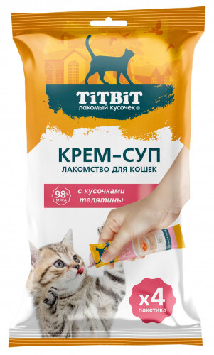 Лакомство для кошек Titbit Крем-суп с кусочками телятины (10г х 4 шт), 40 г