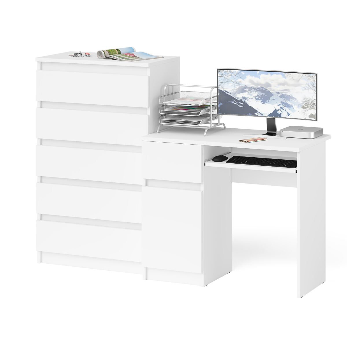 Стол компьютерный дверка и ящик слева СВК Мори МС-1 и высокий комод 5-ть ящиков цвет белый, 160,4х50х114 см.
