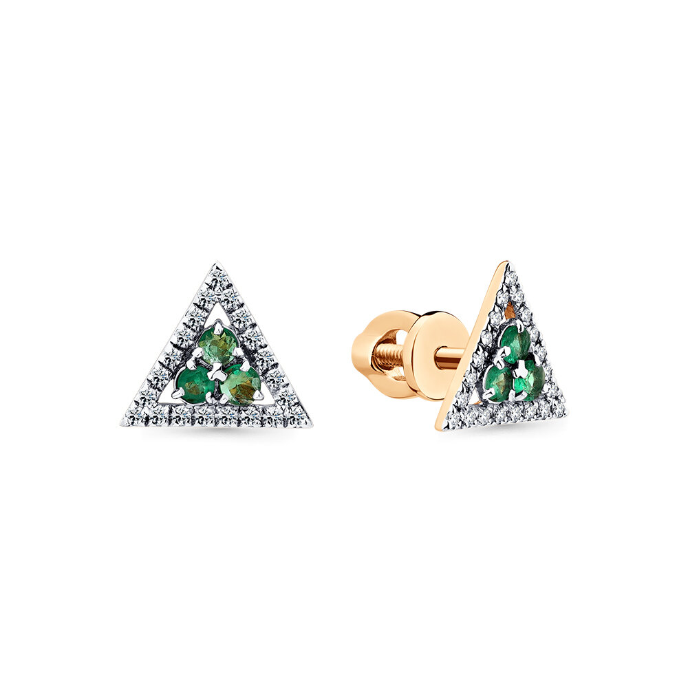 Серьги, красное золото, 585 проба, изумруд, бриллиант