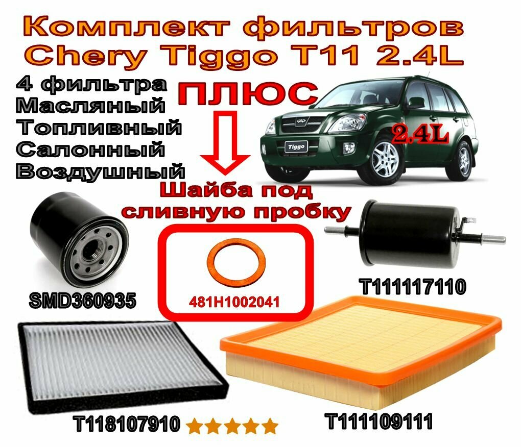 Комплект фильтров Hot, для Chery Tiggo T11, масляный, топливный, салонный, воздушный