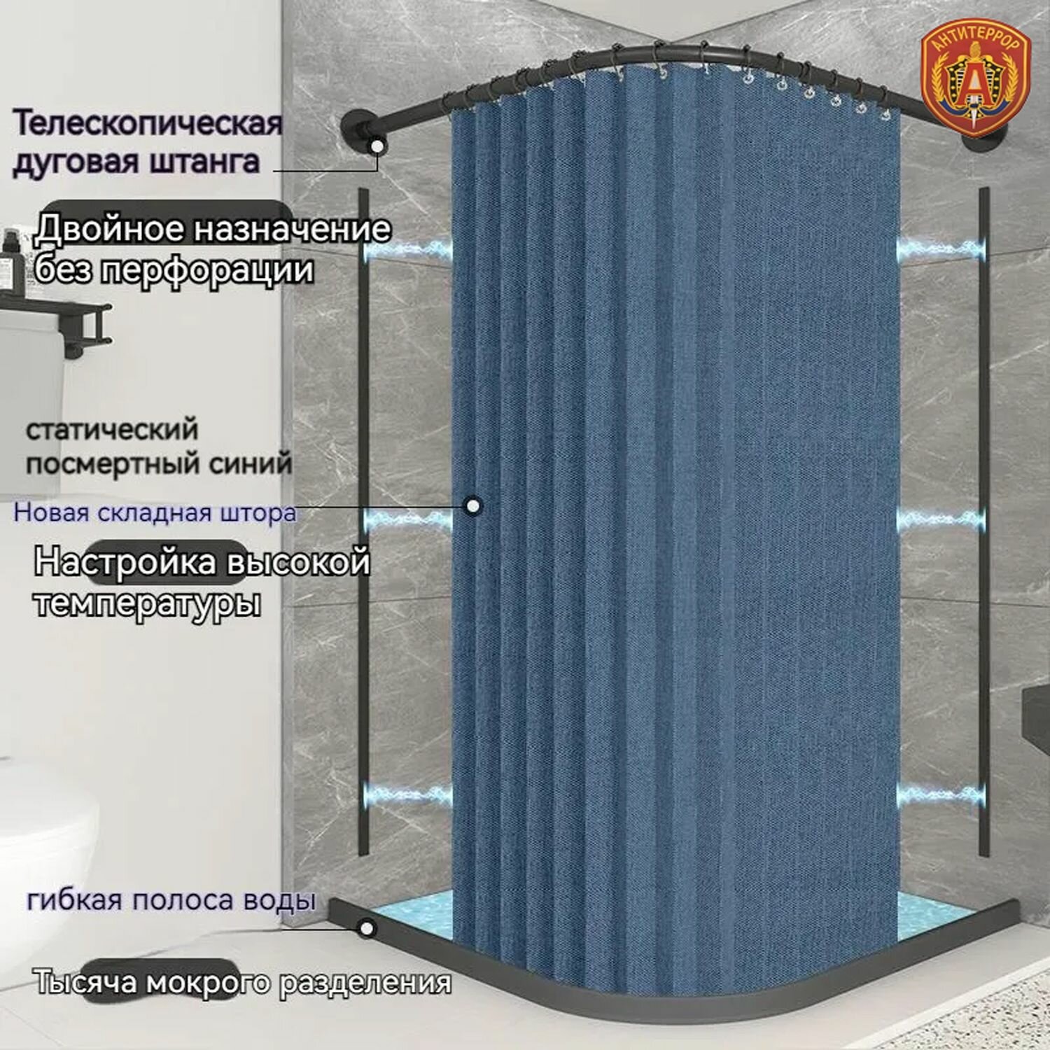 Душевая кабина, Не нужно бить кулаком, Выдвижная длина, ширина 90-130 см, длина 90-130 см, высота 200 см, темно-синий