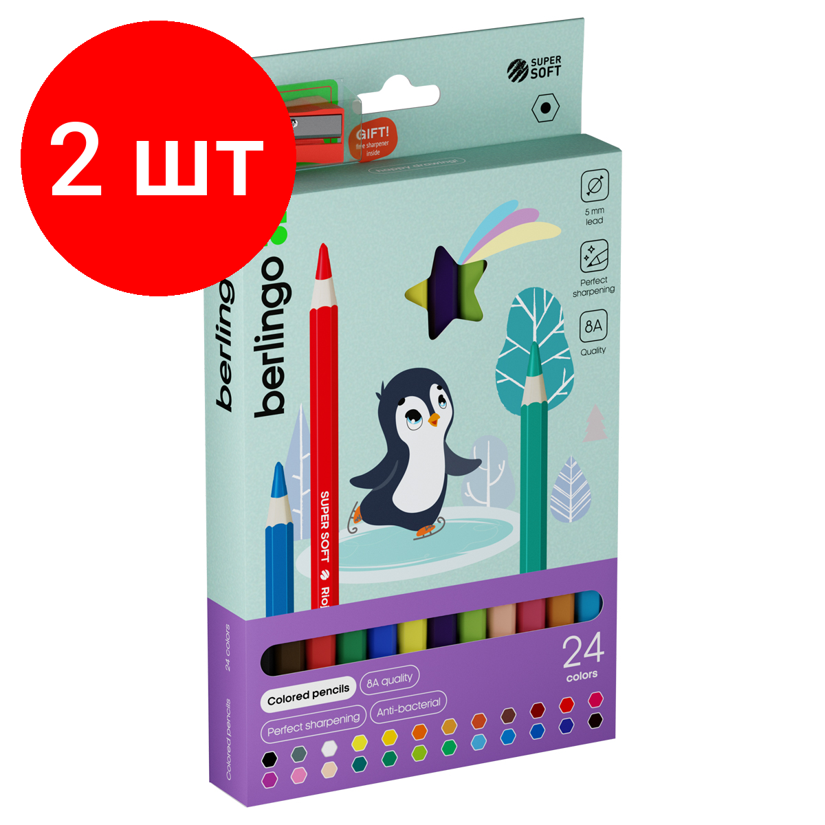 Комплект 2 шт, Карандаши цветные утолщенные Berlingo "SuperSoft. Jumbo", 24цв, шестигранные, заточ, европ.