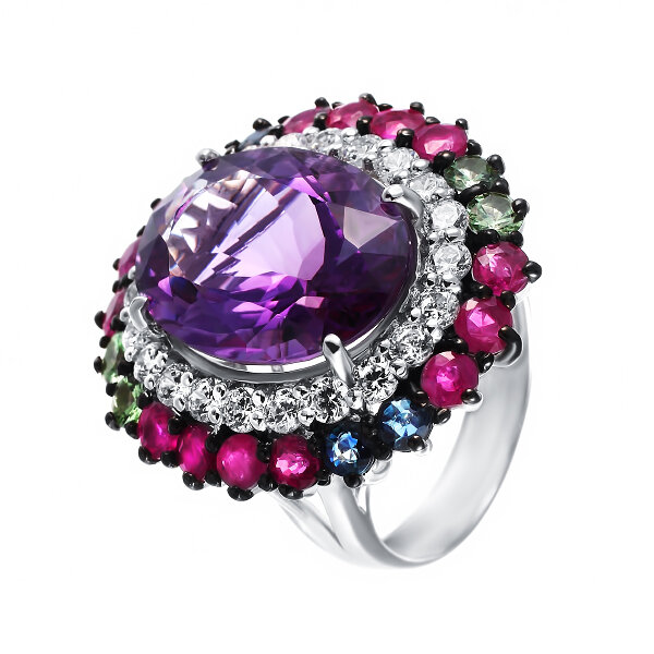 Кольцо, серебро, 925 проба, родирование, топаз, хризопраз, аметист, рубин