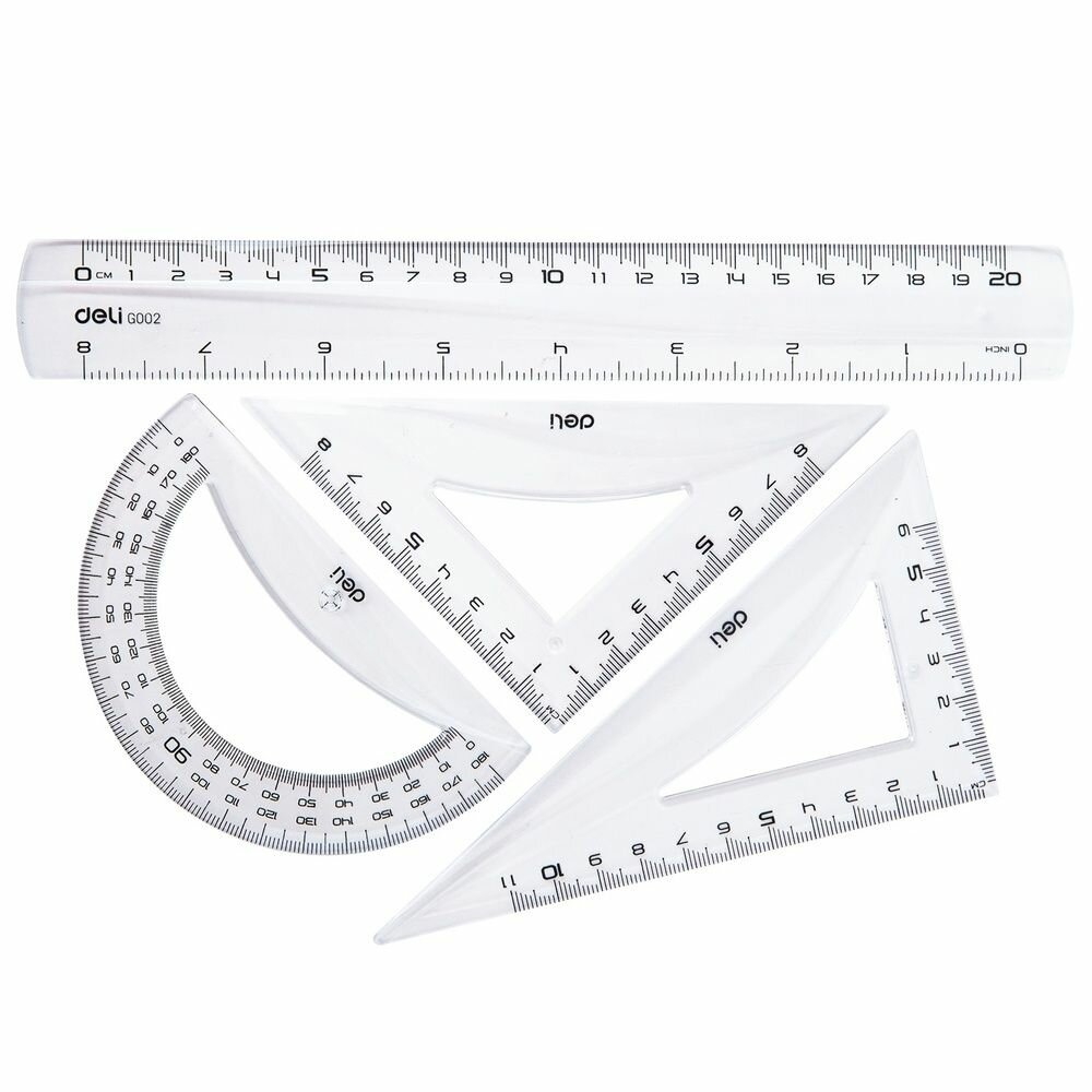Чертежный набор Deli средний, линейка 20 см, угольники 11 и 8 см, транспортир 12 см (EG00412)