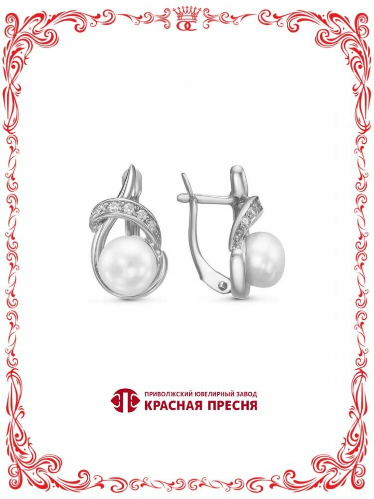 Серьги, серебро, 925 проба, оксидирование, фианит, жемчуг культивированный