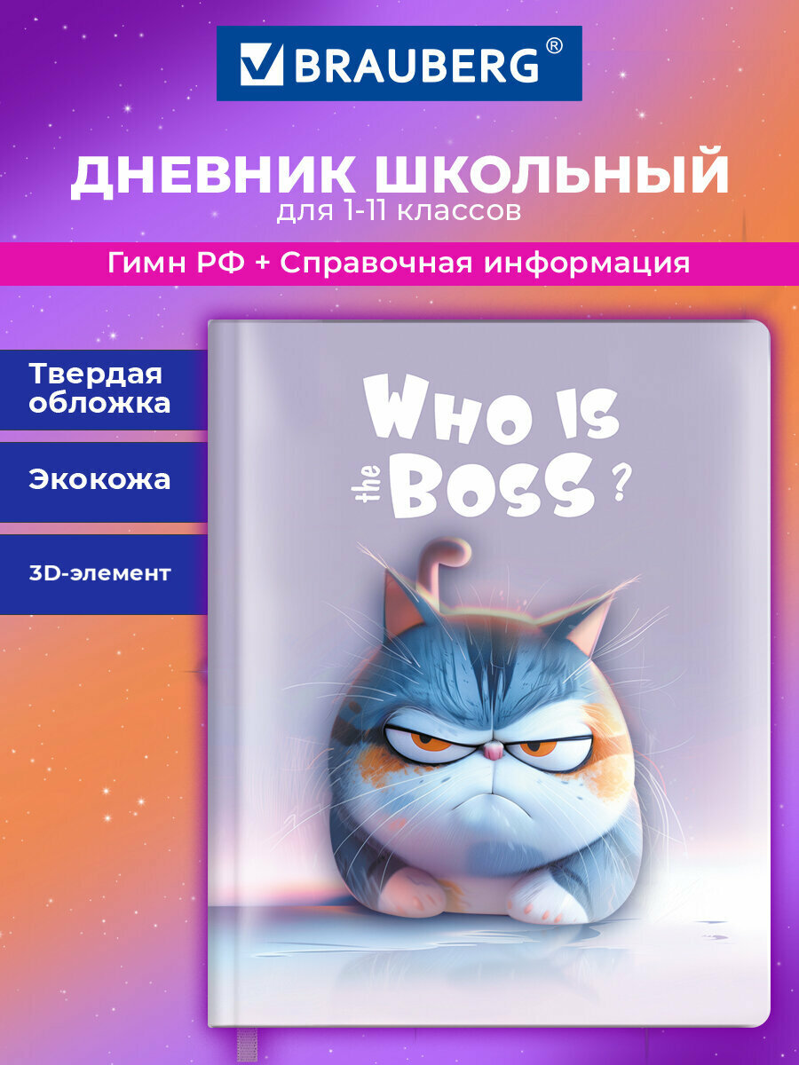 Дневник школьный для девочек мальчика 1-11 класс, канцелярия в школу, 48 листов, обложка кожзам soft-touch с поролоном, Brauberg Кот, 107221