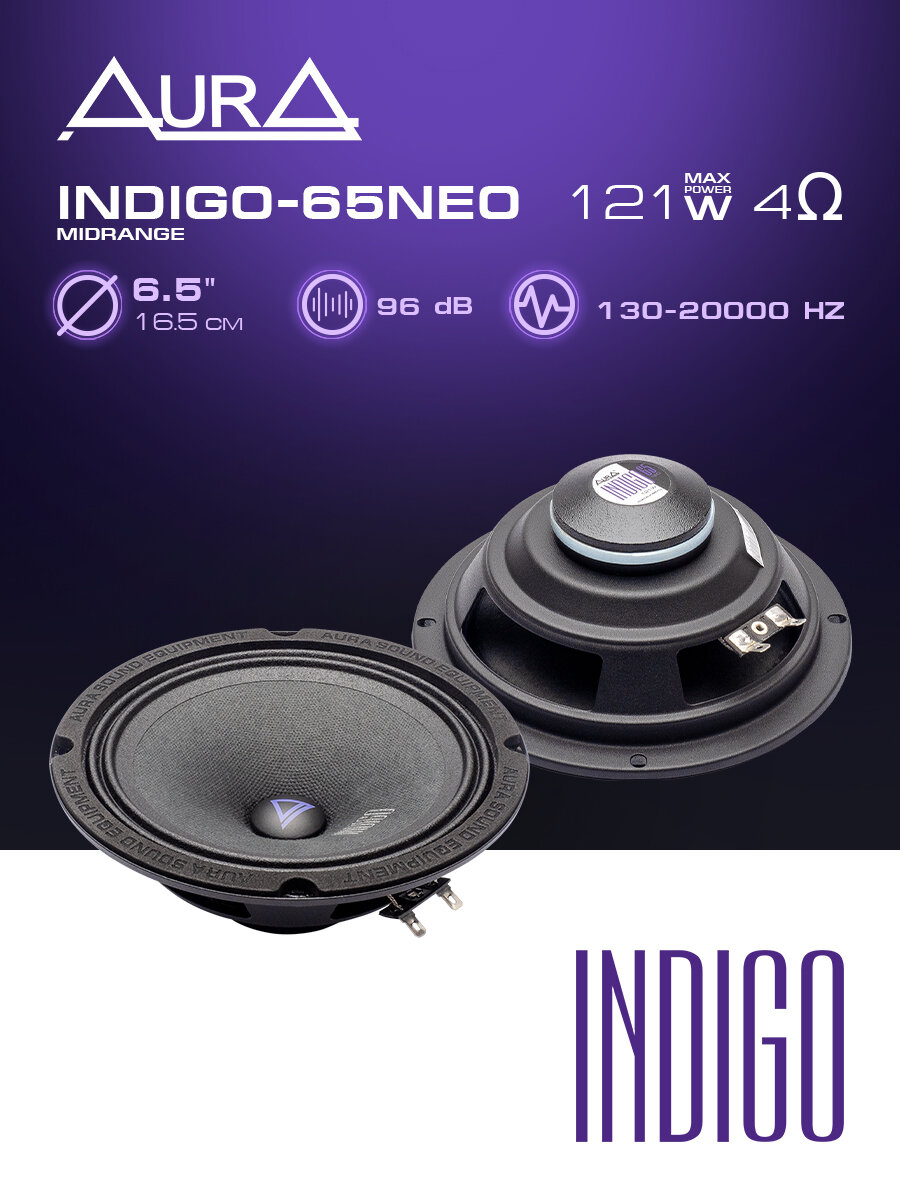 Колонки автомобильные эстрадная акустика AurA INDIGO-65NEO, пассивные, эстрадные, 16,5 см, 61-121Вт, 96дБ, черные