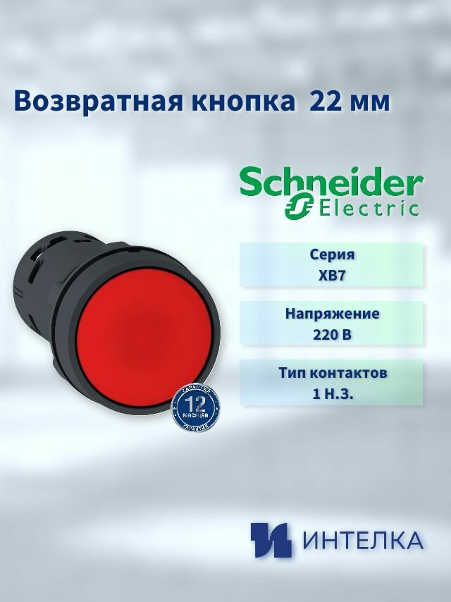 Кнопка Schneider electric 22мм красная с возвратом 1НЗ, XB7NA42