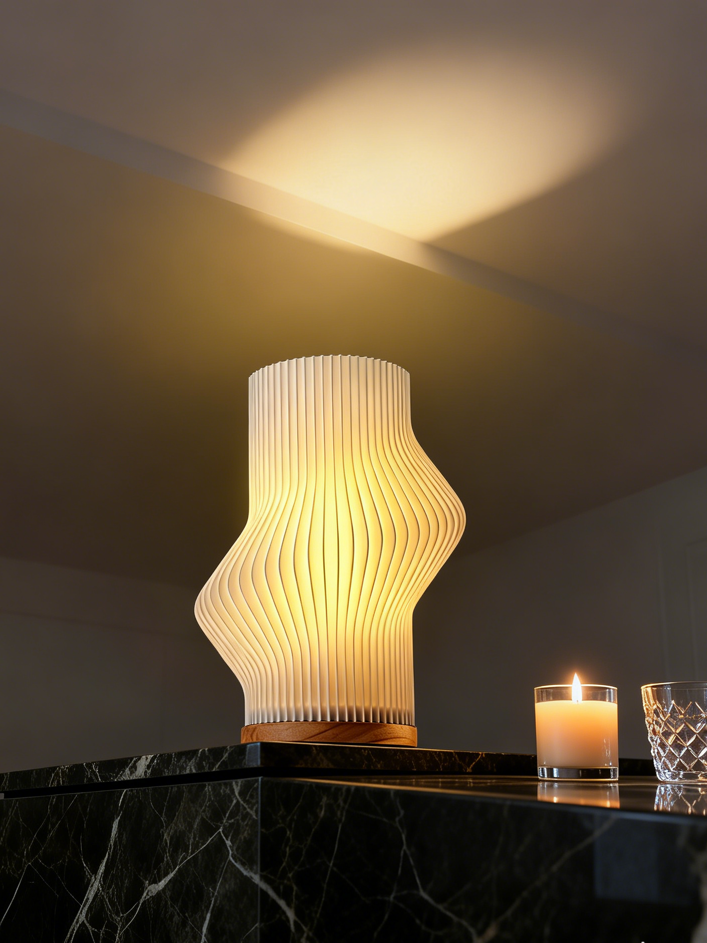 3D-ночник с волнообразным абажуром | USB-питание | Экологичный композитный материал ABS PLA | Деревянная подставка