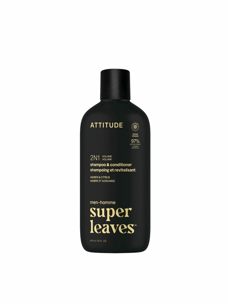 ATTITUDE Super Leaves Шампунь-кондиционер 2-в-1 для мужчин Объём (Амбра и Цитрус) 415 мл. 2-in-1 Men Shampoo & Conditioner- Volumizing (Amber & Citrus), 415 ml.