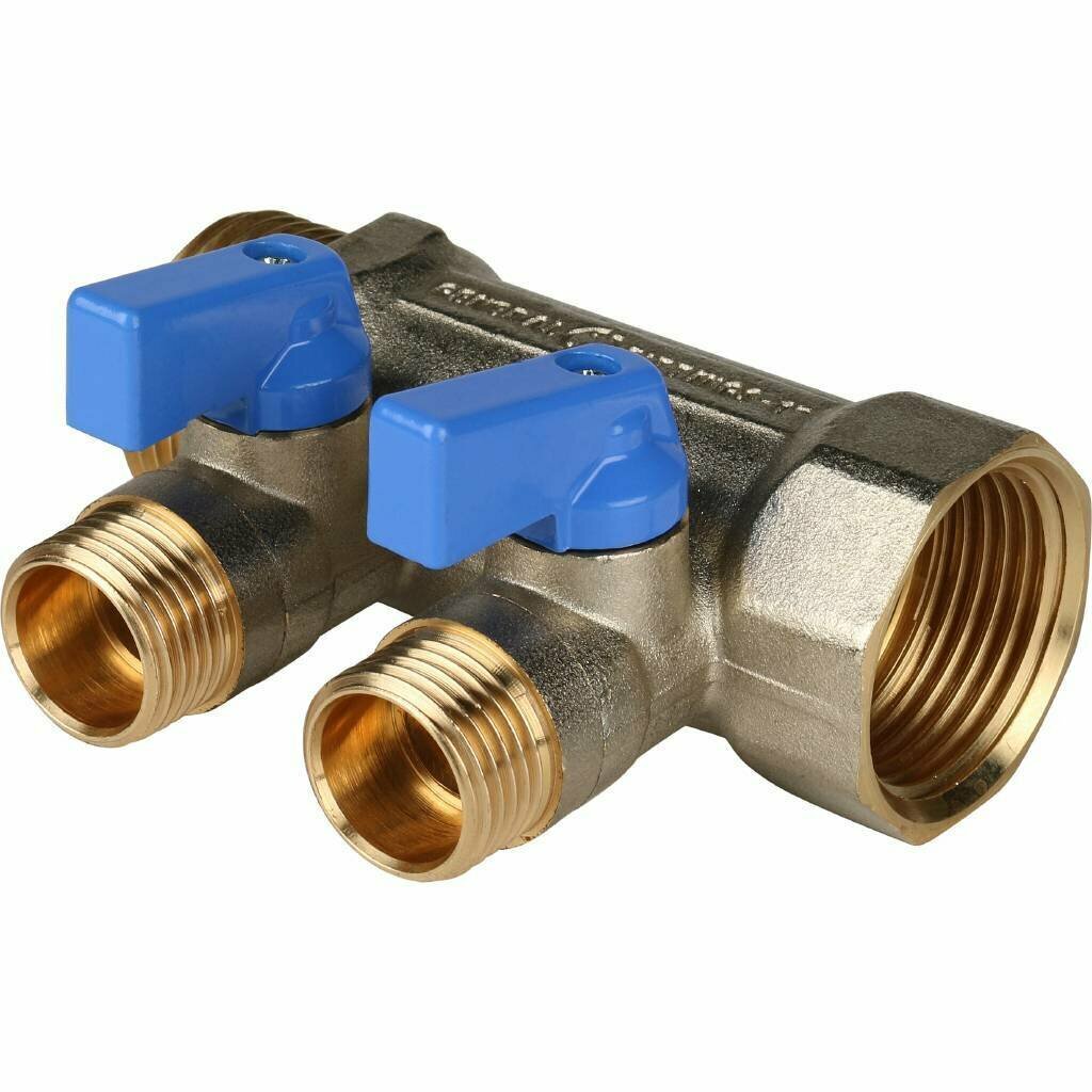 Коллектор с шаровыми кранами STOUT SMB 6211 011202 1", 2 отвода 1/2" (синие ручки)