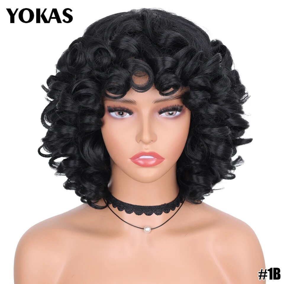 YOKAS синтетические короткие афро-кудрявые парики с челкой коричневые # 1Б