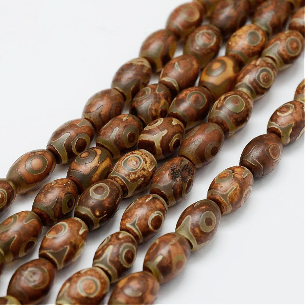 Бусины каменные агат Дзи, 3 глаза, 12х8мм, овальной формы (рис), коричневые с серо-бежевым, матовые, 14 шт, низка