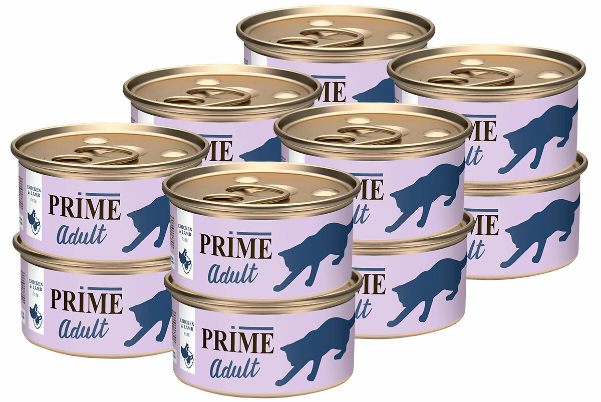 PRIME MEAT ADULT CAT для взрослых кошек паштет с курицей и ягненком банка 75 гр NEW 75 гр х 12 шт