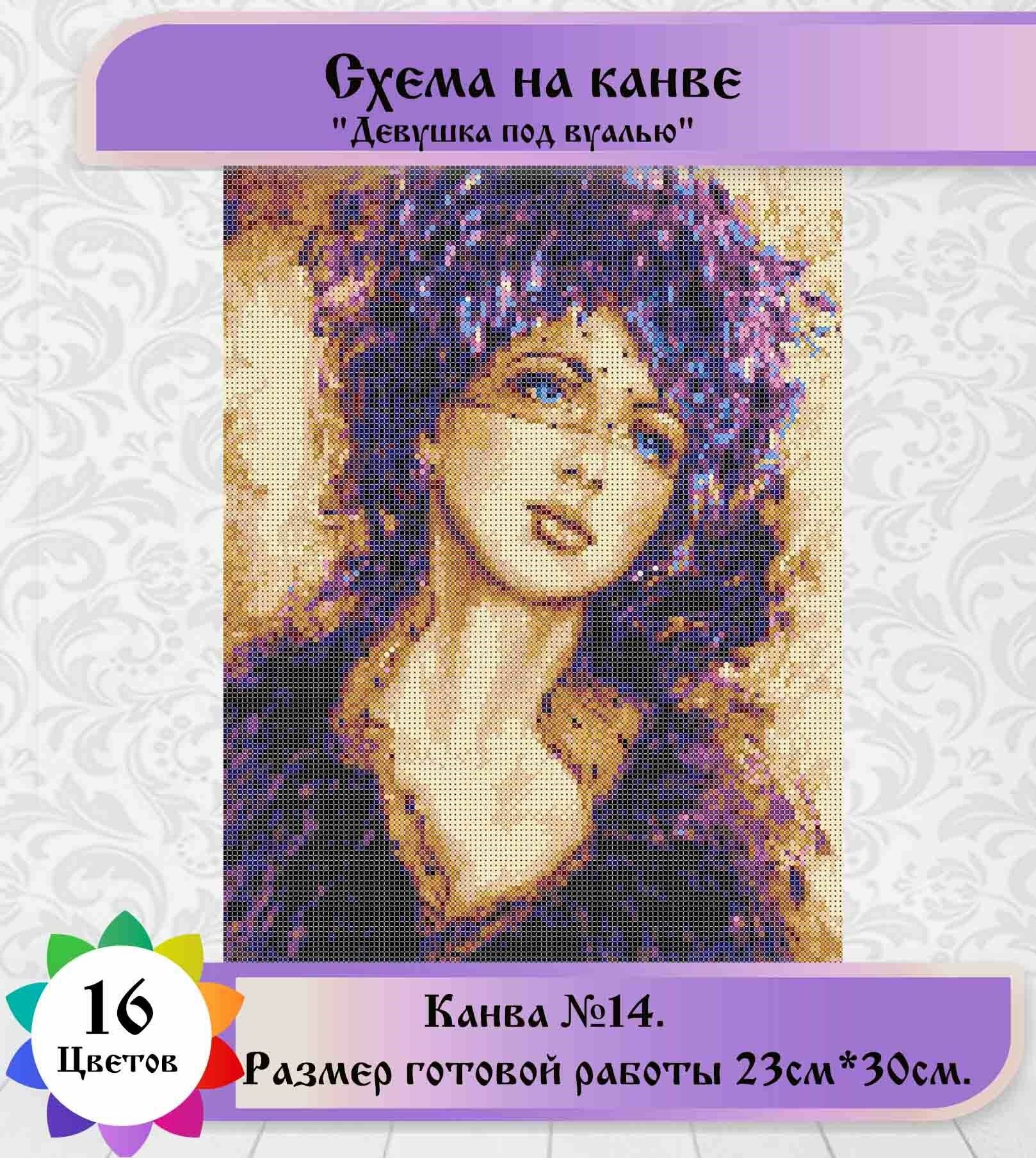 Канва с нанесенным рисунком Каролинка "Дама под вуалью"/комплектуется дополнительно схемой цветной на бумаге/, 20Х30 см