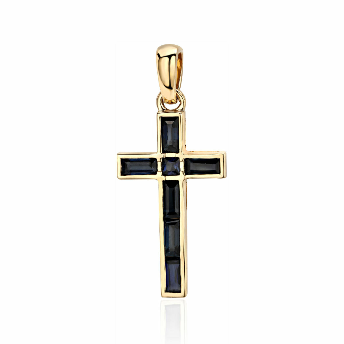 Крестик, желтое золото, 585 проба, сапфир