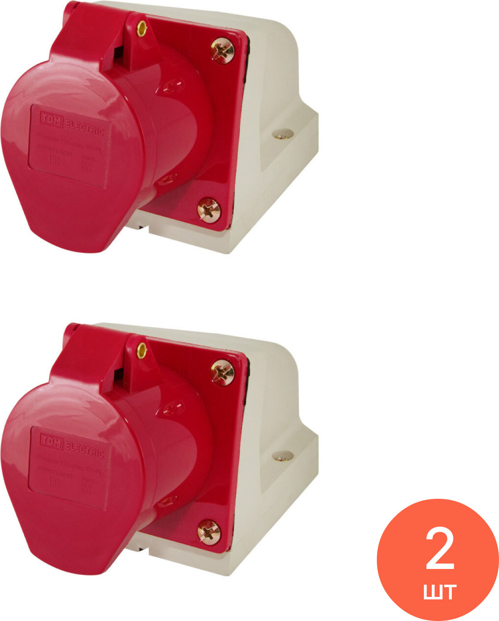 Розетка силовая TDM Electric / ТДМ Электрик 124 стационарная в корпусе из самозатухающего пластика, красная, 3Р+РЕ 32А 380В, IP44 / электрика (комплект из 2 шт)