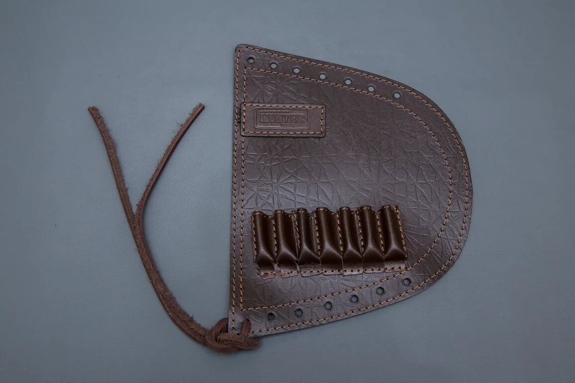 Патронташ на приклад нарезной винтовки или карабина (шнуровка) однорядный на 7 патрона 7,6 калибра из натуральной кожи