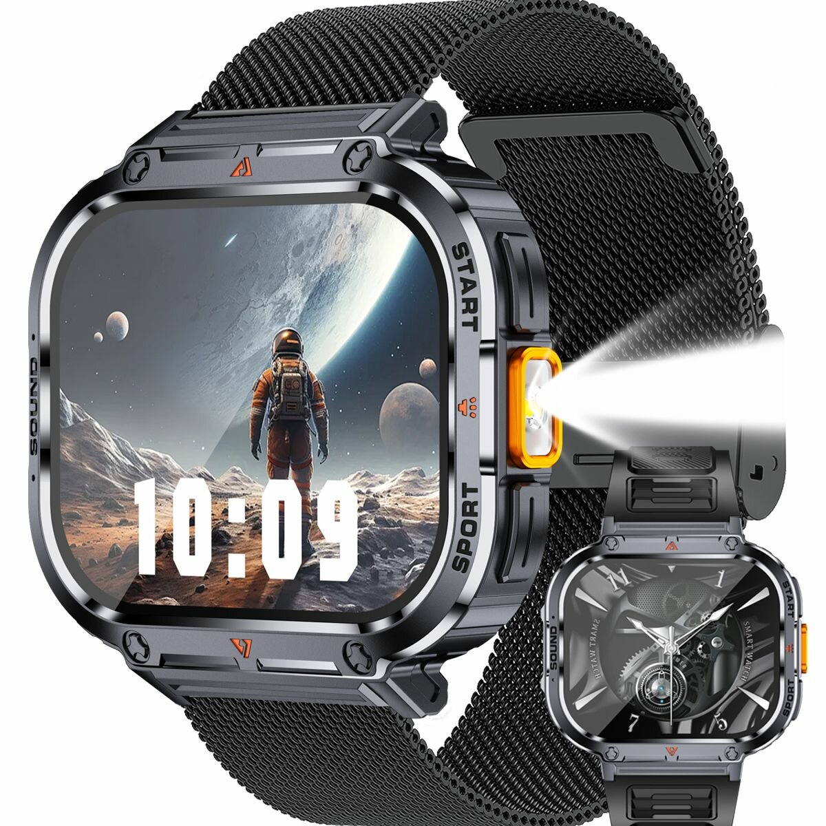 Часы смарт мужские smart watch 2.01'большой экран, Оксиметрия сердечного ритма, фитнес трекер, Светодиодный фонарик для iOS Android