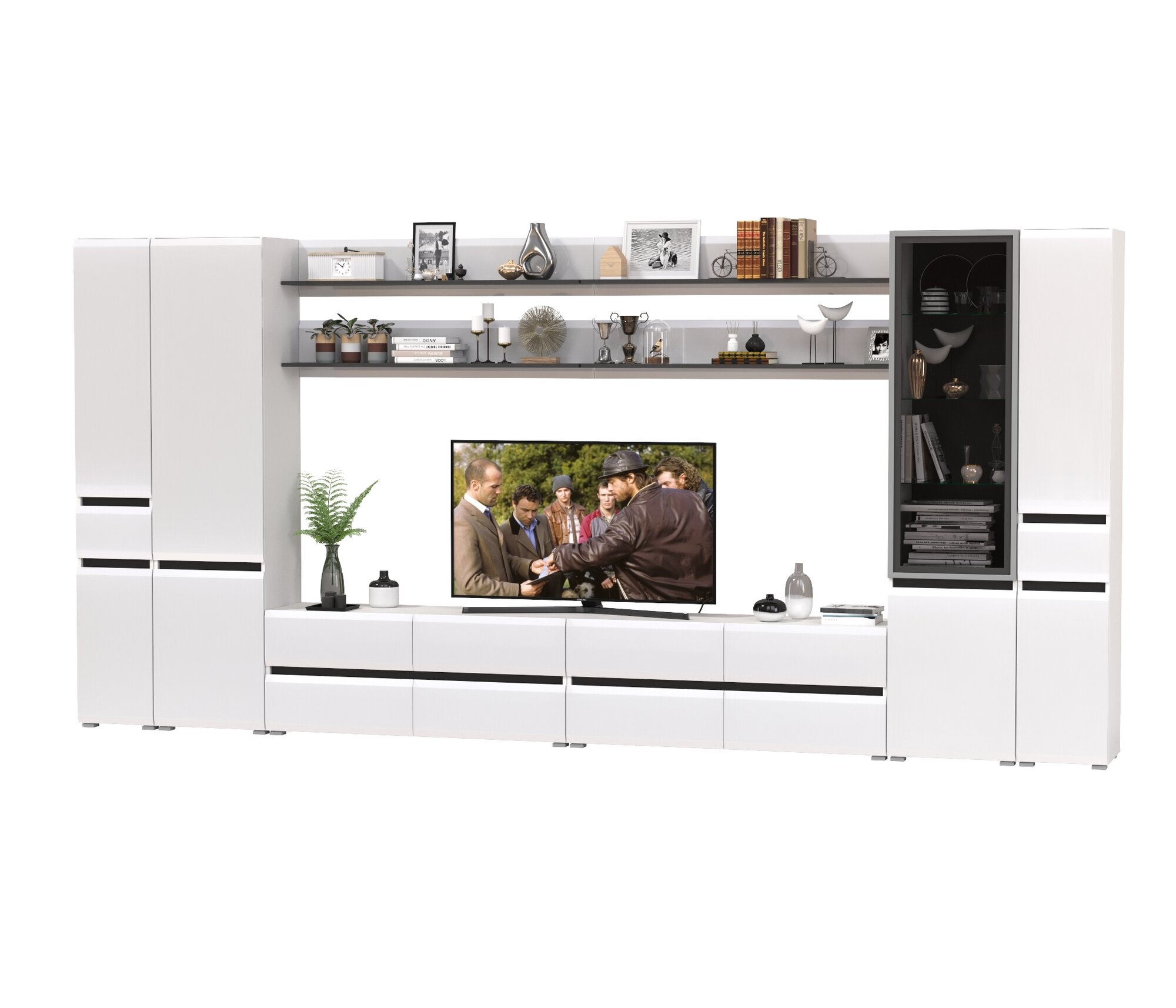Мебель для гостиной корпусная Моби Сидней № 120, цвет белый/чёрный/МДФ белый глянец, 429,8х41,3х205,2 см.