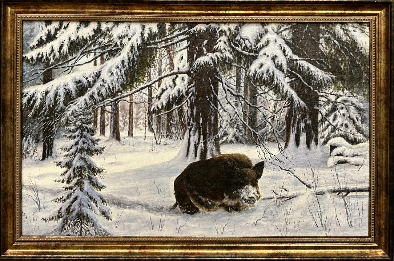 Картина маслом, зимний пейзаж "Прогулка"