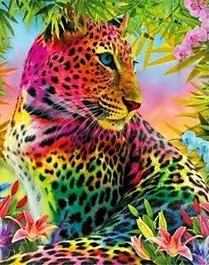 Алмазная мозаика без подрамника 40*50 "Радужный леопард" полная выкладка, квадратные стразы