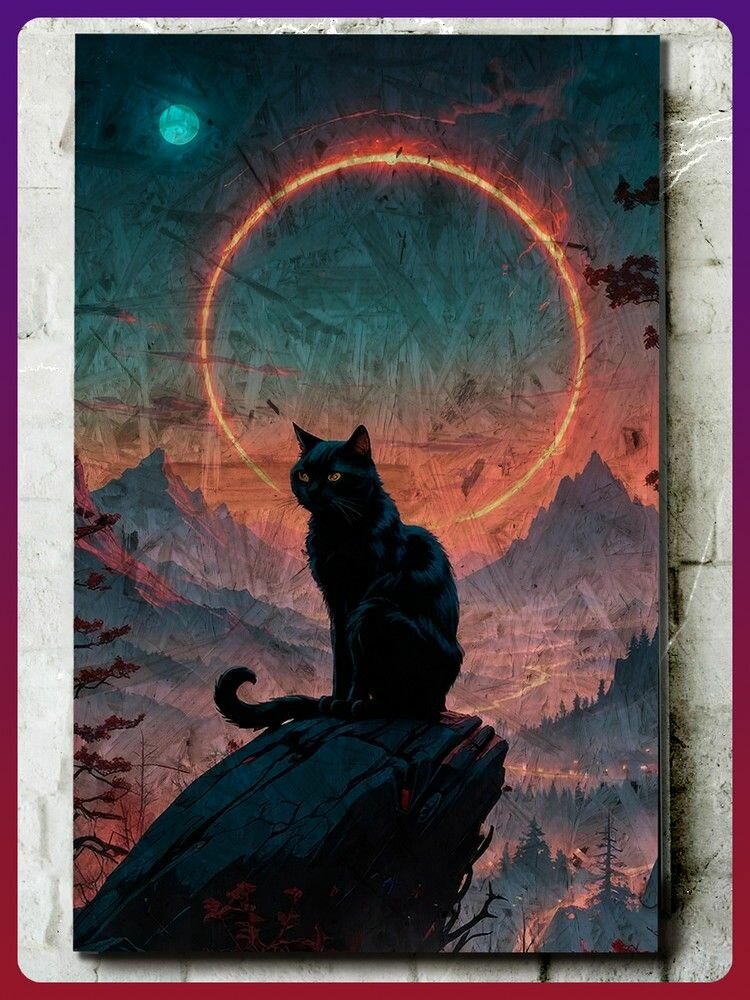 Картина интерьерная на рельефной доске животные Кот (Кошка, деревья, фэнтези, горы, фэнтези) - 62412354