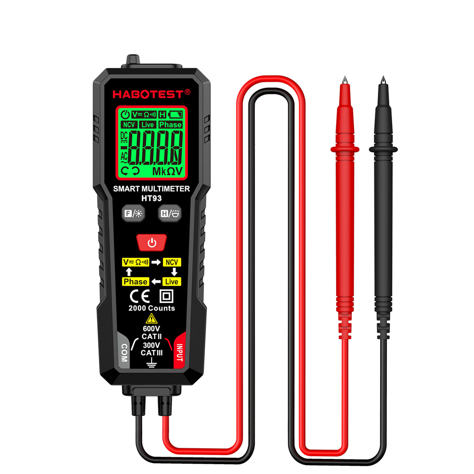 HABOTEST HT93 Цифровой мультиметровый тестер напряжения 2000 Counts Volt Meter OhMmeter Автоматическое измерение точно измеряет сопротивление напряжения/постоянного тока с помощью теста NCV живого провода