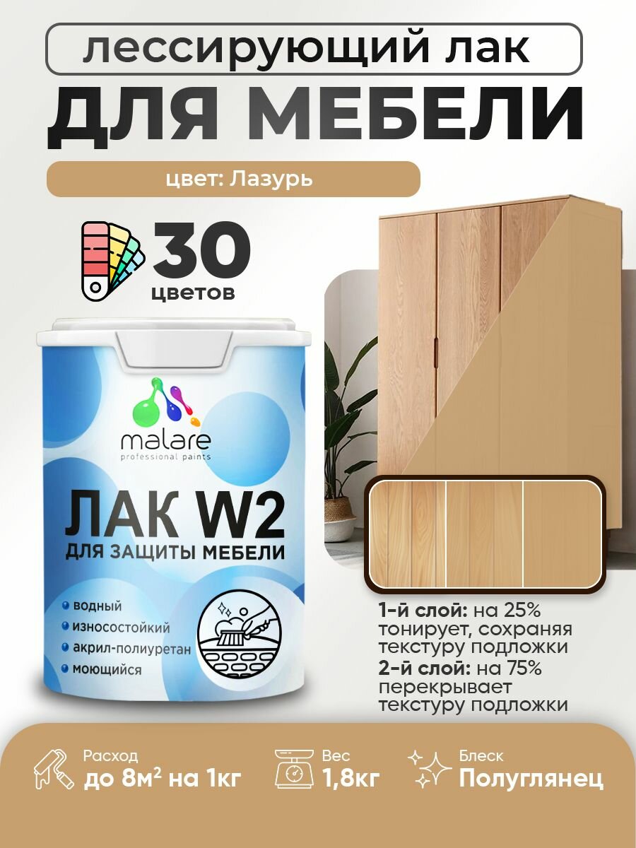 Лак колерованный тонирующий лак для мебели Malare W2 для кухонных фасадов, для дерева и минеральных поверхностей, акриловый быстросохнущий без запаха, полуглянцевый, лазурь, 1.8 кг.