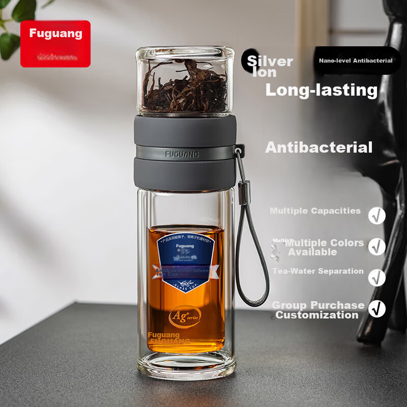 Антибактериальная двухслойная стеклянная бутылка Fuguang с ситечком, 240ml, бесцветный/серый