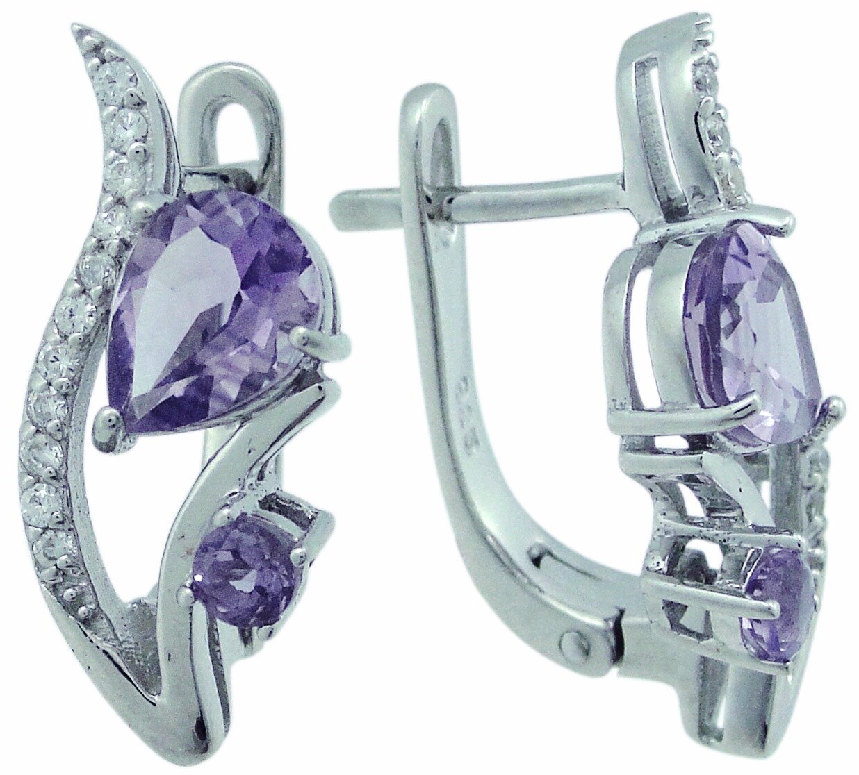 Серьги, серебро, 925 проба, родирование, аметист, фианит