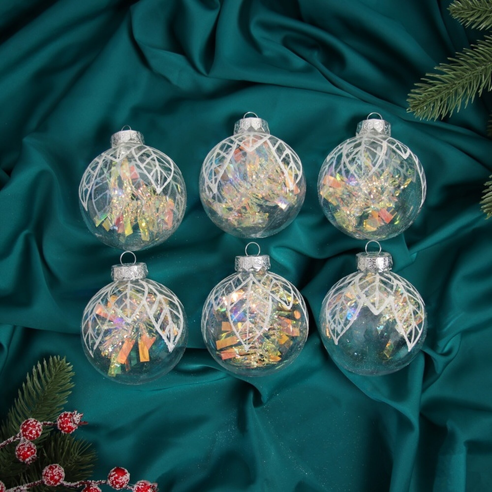 Ёлочные игрушки, шары новогодние , пластик, набор d-8 см, 6 шт "Прозрачный лист"